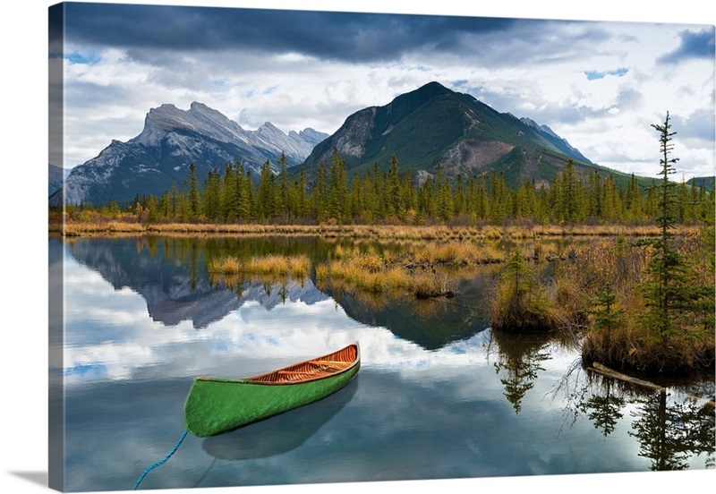 Green Canoe near Vermilion Lakes and Mount Rundle | Great Big Canvas