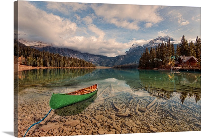 Green Canoe on Emerald Lake | Great Big Canvas