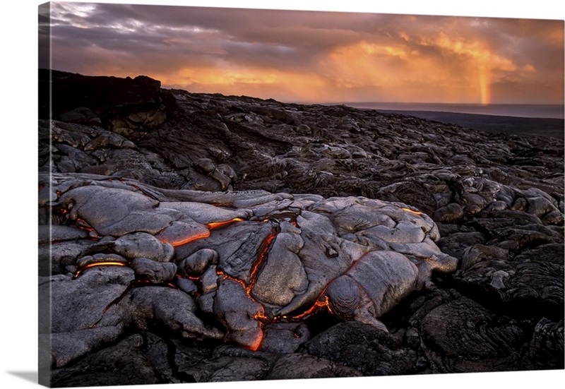 A Cooling Lava Flow On Kilauea, And Distant Rainbow Over The Water ...