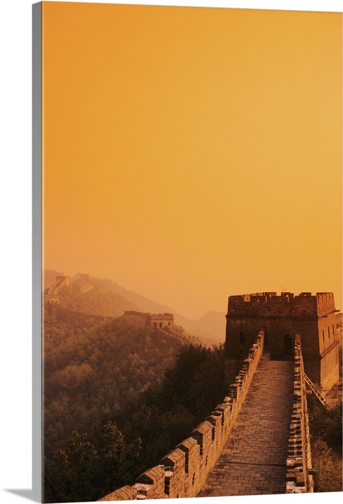 China, Mu Tian Yu, The Great Wall Of China, Bright Orange Misty Sky ...