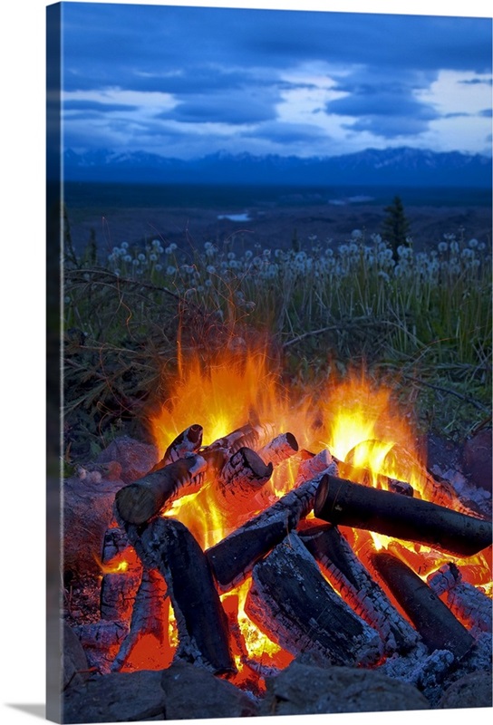 Close up view of a camp fire with a view of the Chugach Mountain in the ...