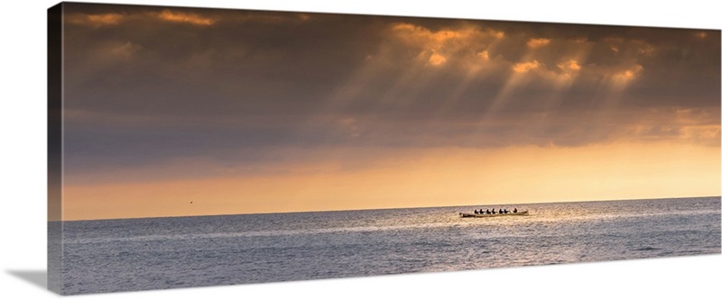 Cornish Pilot Gig Dove Being Rowed As The Sun Sets Over Fistral Bay In ...