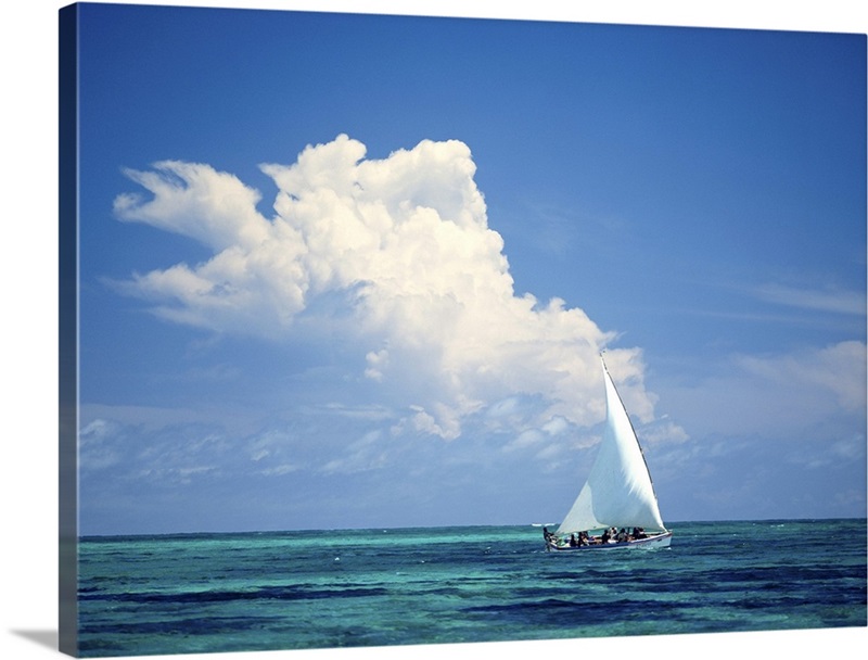 Fishermen In Dhow Sailing In Shallow Water In Front Of Large Thunder ...