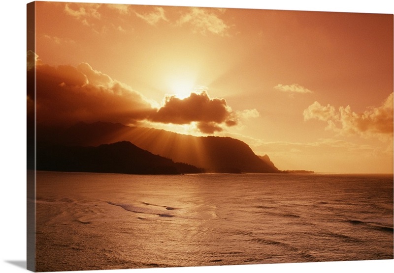 Hawaii, Kauai, Hanalei Bay, Bali Hai Point, Red Sunset, Sunburst ...