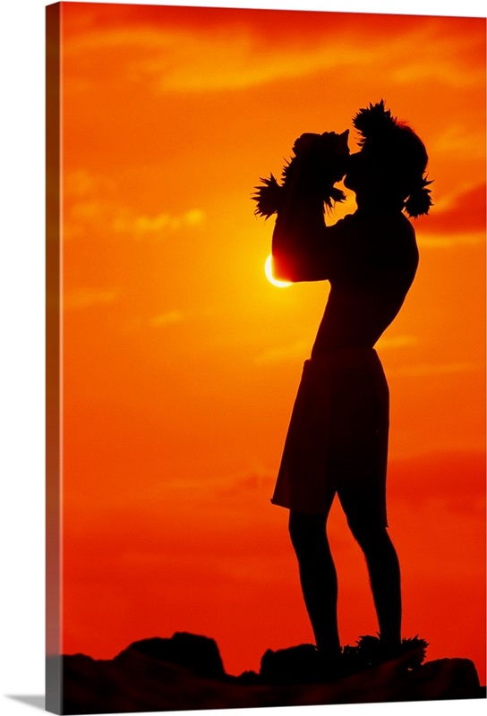 Hawaii, Maui, Napili, Silhouette Of Man Blowing Conch Shell At Sunset ...