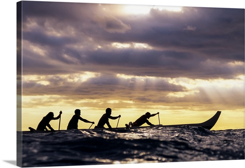 Outrigger Canoe And Paddlers Silhouetted At Sunset, Sunrays Through The ...