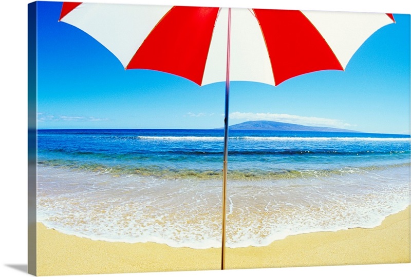 Red And White Umbrella On The Beach, Blue Sky And Ocean | Great Big Canvas