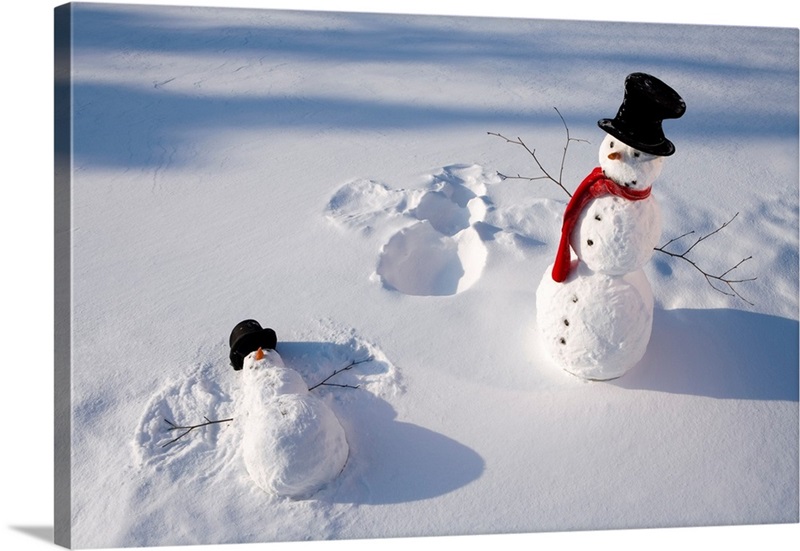 Snowmen In Forest Making Snow Angel, Alaska | Great Big Canvas