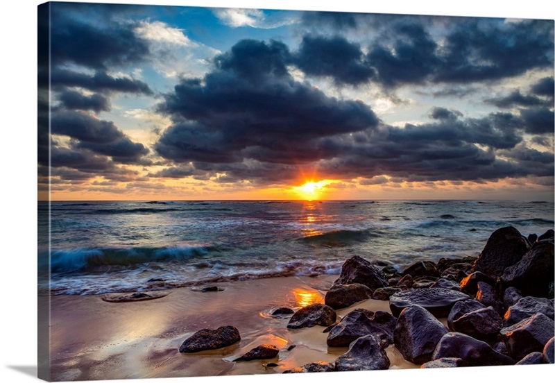 Sunrise Over The Pacific Ocean, Dark Clouds Overhead, Kapaa, Kauai ...