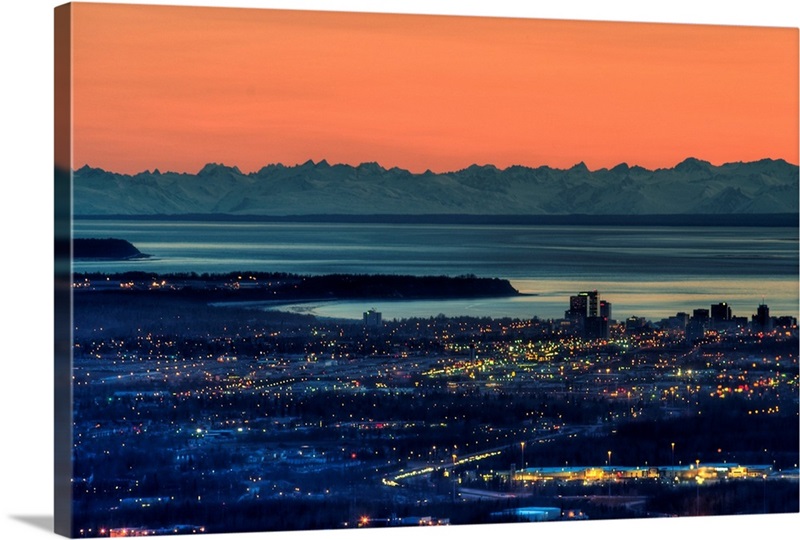 The city of Anchorage Alaska at sunset with Cook Inlet in the ...