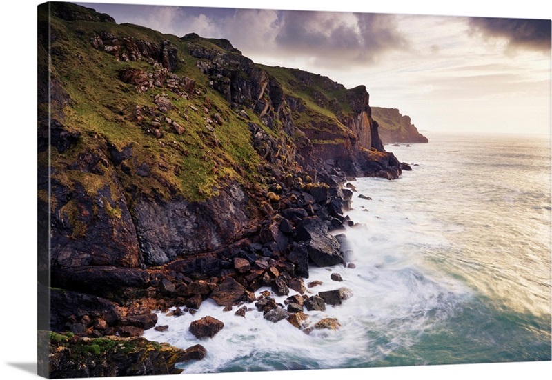 Waves Breaking Below Rugged Sea Cliffs, Rumps Point, Cornwall, England ...