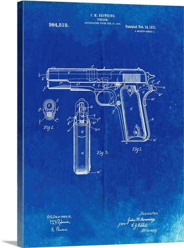 Faded Blueprint Colt 1911 Semi-Automatic Pistol Patent Poster Wall Art ...