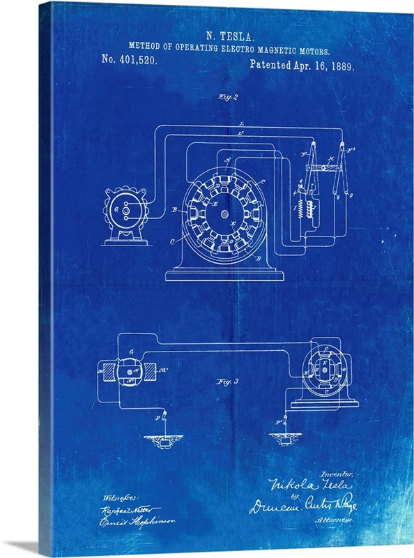 Faded Blueprint Tesla Operating Electric Motors Map Poster | Great Big ...