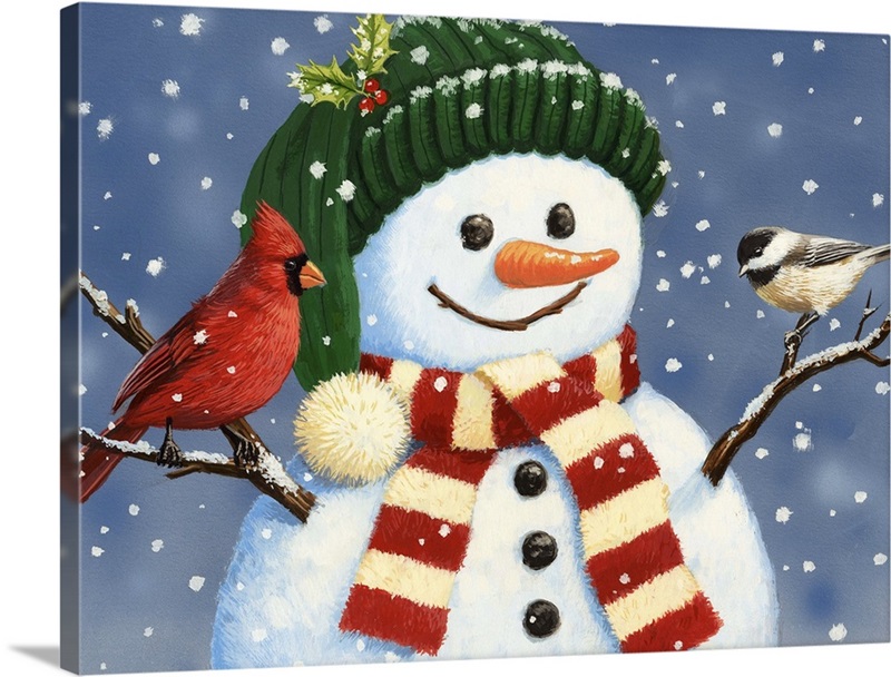 Snowman With Cardinal And Chickadee | Great Big Canvas