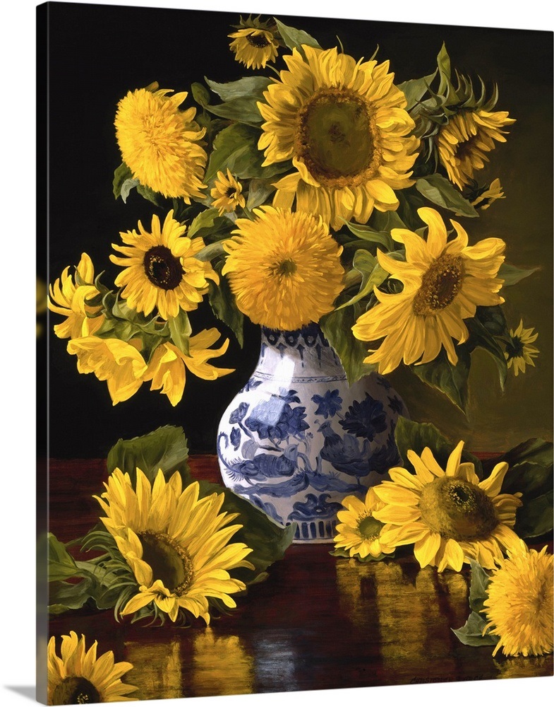 Sunflowers in Blue and White Chinese Vase Wall Art, Canvas Prints ...