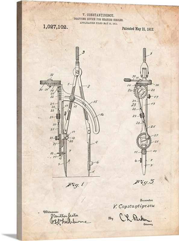 Vintage Parchment Drafting Compass 1912 Patent Poster | Great Big Canvas