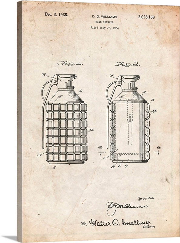 Vintage Parchment Hand Grenade Patent Poster | Great Big Canvas