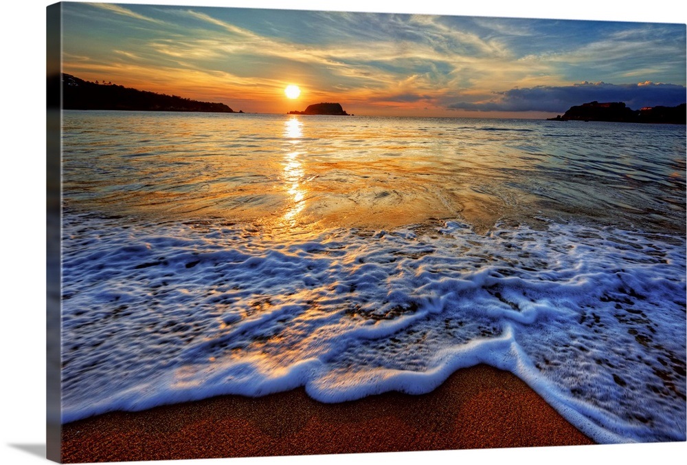 Colorful seaside beach sunrise with distant mountains, Bahamas Wall Art ...