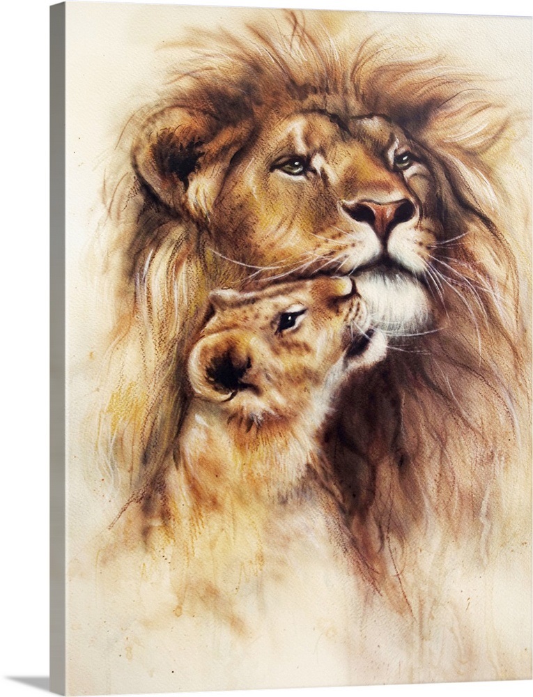Painting Of A Lion And Cub Wall Art, Canvas Prints, Framed Prints, Wall ...