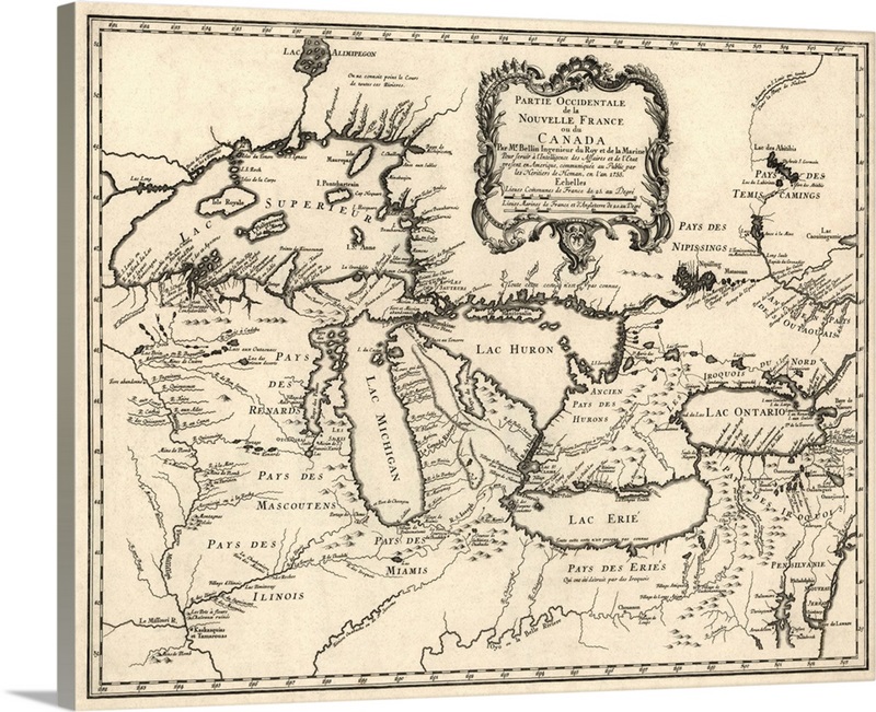 Antique Map of the Great Lakes and the Midwest US, 1755 | Great Big Canvas