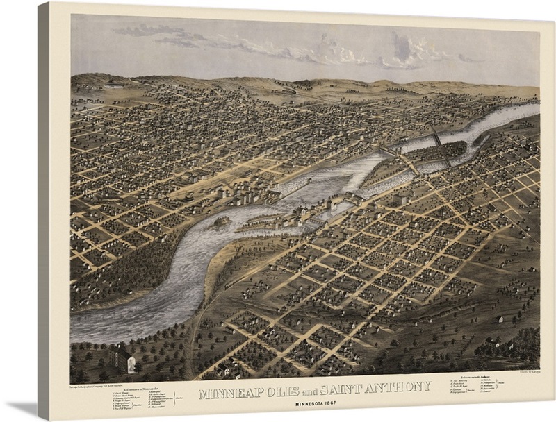 Minneapolis Birds Eye View Map Of Minneapolis Minnesota Vintage Birds