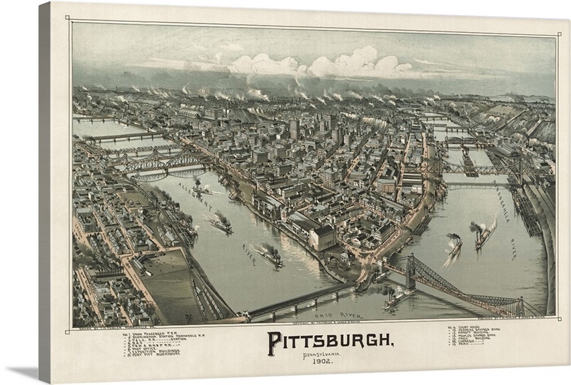 Vintage Birds Eye View Map of Pittsburgh, Pennsylvania | Great Big Canvas