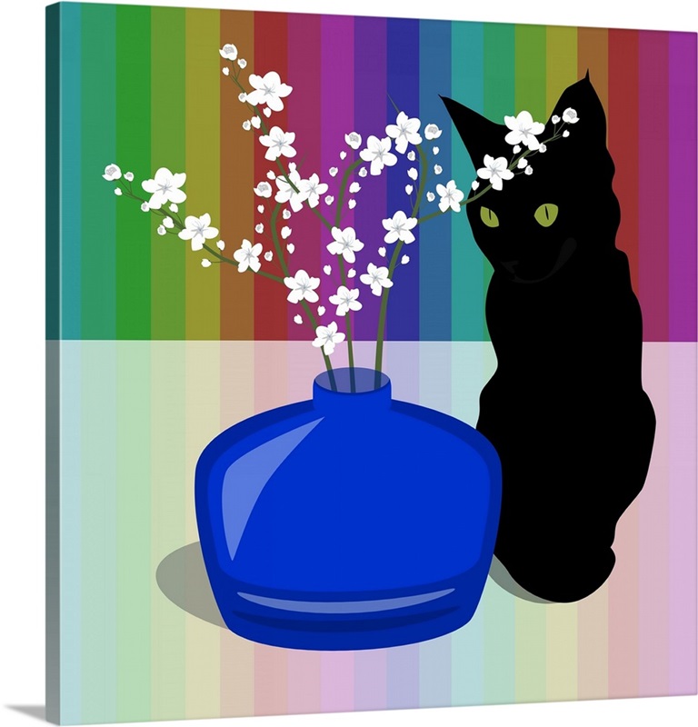 Blue Glass Vase With Blossom And Black Cat | Great Big Canvas