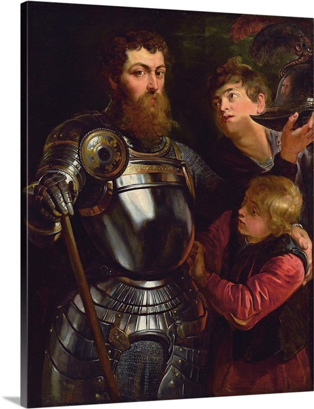 Portrait of a commander, three-quarter length, being dressed for battle ...