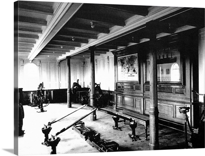 The onboard gym on the Titanic showing the rowing machines and exercise ...