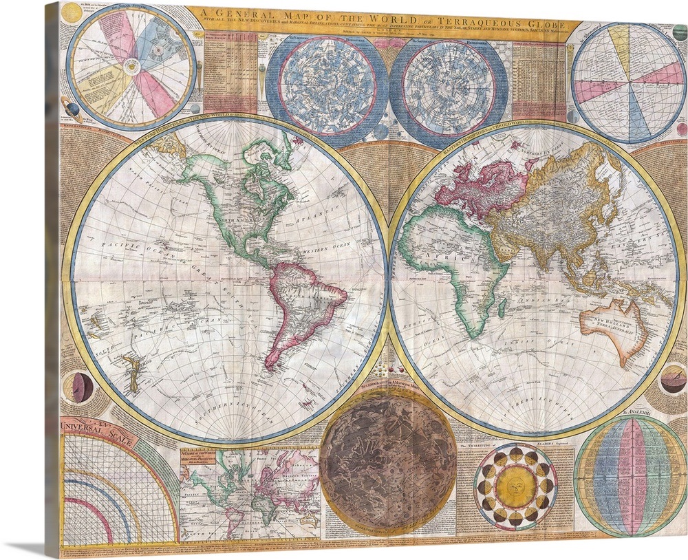 Double Hemisphere Wall Map Of The World By Samuel Dunn Wall Art, Canvas ...