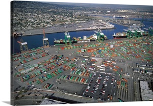 Aerial view of container yard with ships at Port of Long Beach ...
