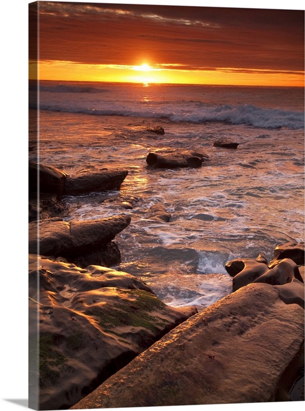 California, La Jolla. Sunset over tide pools at Coast Blvd. Park ...