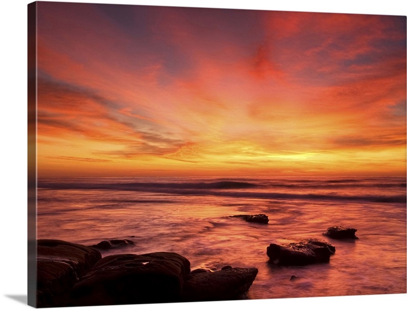California, La Jolla. Sunset over tide pools at Coast Blvd. Park ...