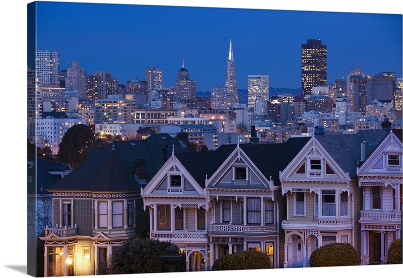 California, San Francisco, The Haight, houses at Alamo Square, dusk ...