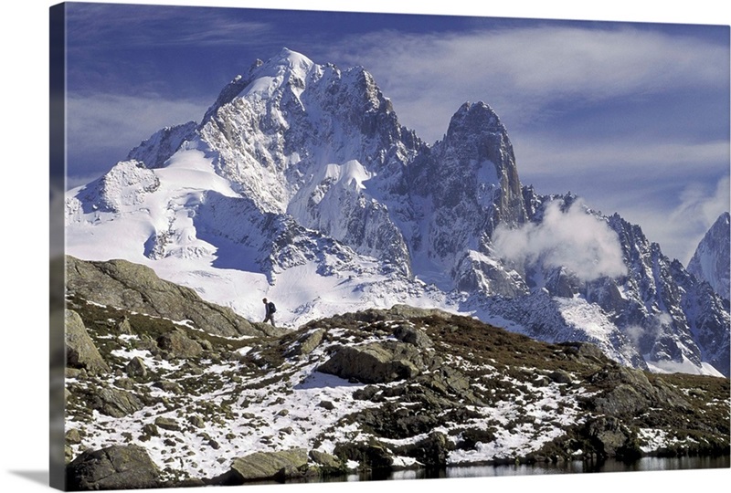 France, Chamonix Region, French Alps. Hiker, Les Drus, Lac Blanc ...
