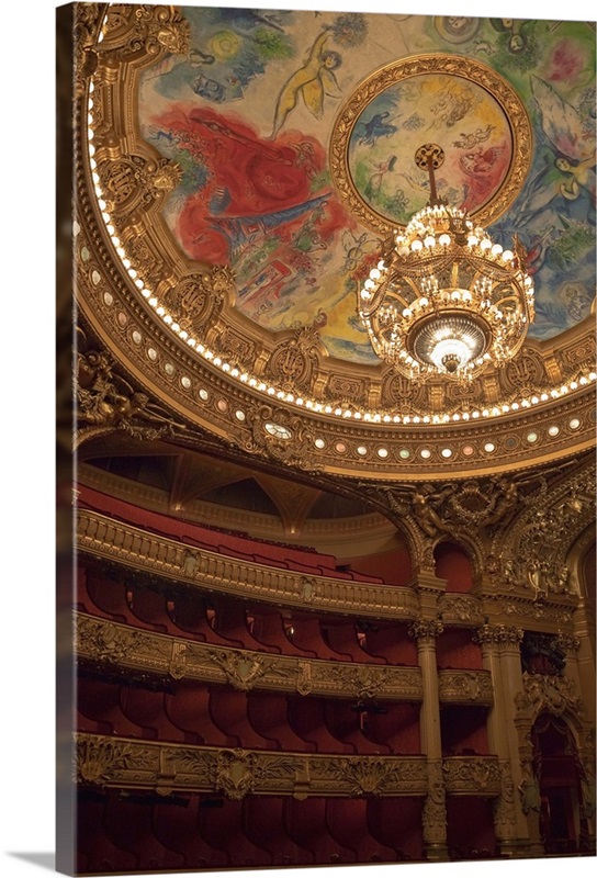France, Paris, Part of ornate ceiling and tiers of seating at Opera ...
