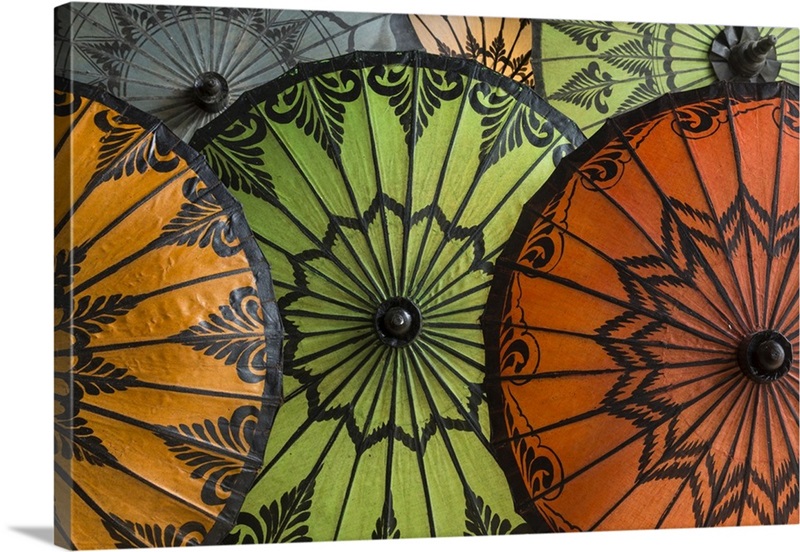 Myanmar, Bagan, Handmade and painted parasols on display in a shop ...
