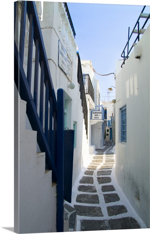Narrow Walkways Between The White Buildings, Island Of Mykonos, Greece ...