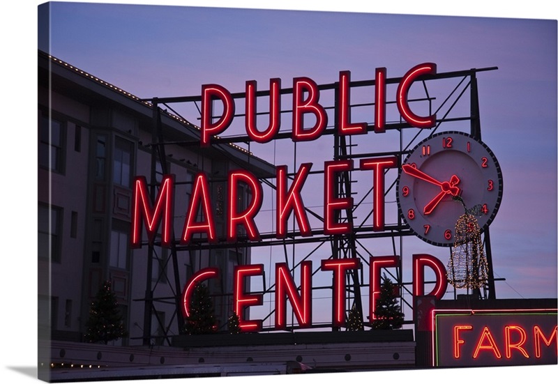 Neon Lights of Seattle's Public Market Center | Great Big Canvas