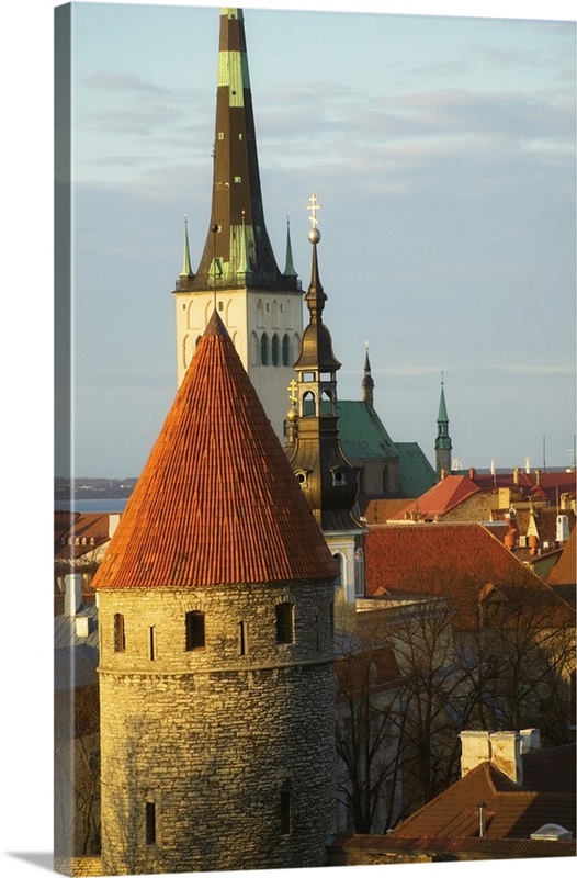 Tallinn cityscape dominated by St. Olaf's Church and city wall towers ...
