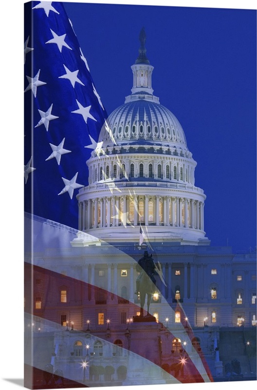Washington, DC. Digital composite of American flag superimposed over US ...
