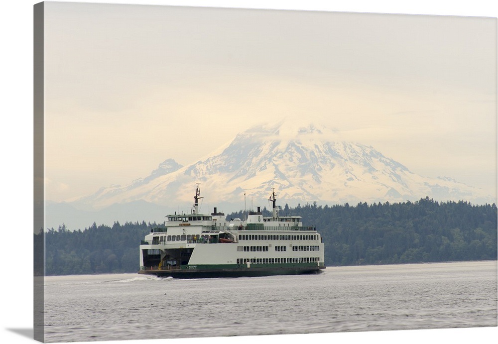Washington State, Puget Sound. Seattle-Bremerton ferry with Mt. Rainier ...