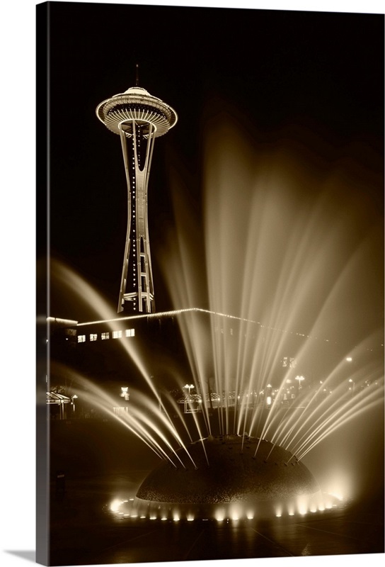 Washington State, Seattle, Space Needle tower with fountain in ...