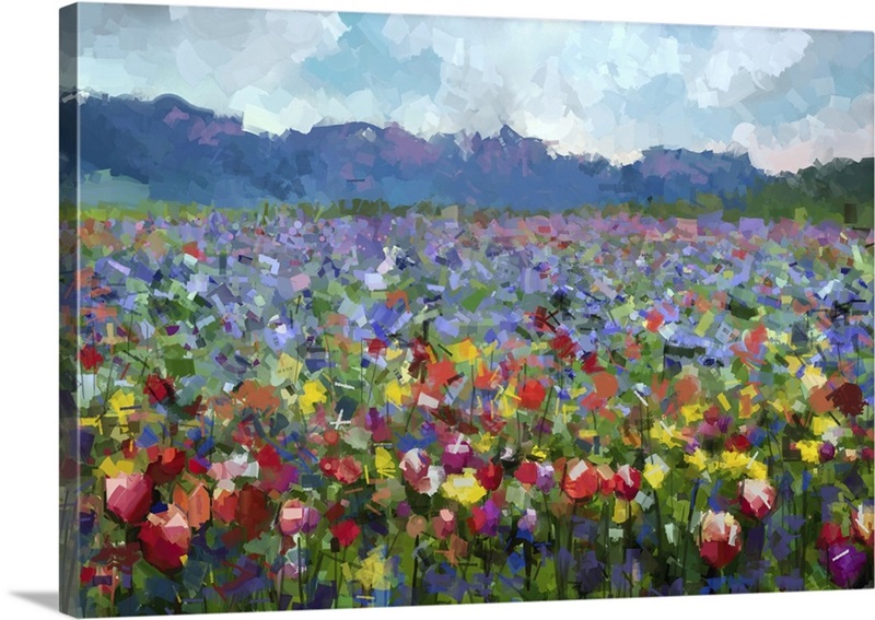 Abstract Tulips Flowers Blossom In The Meadow With Hill And Blue Sky ...
