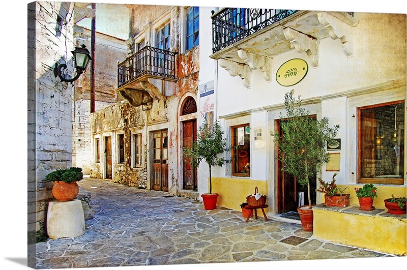 Old Pictorial Streets Of Greece - Retro Picture | Great Big Canvas