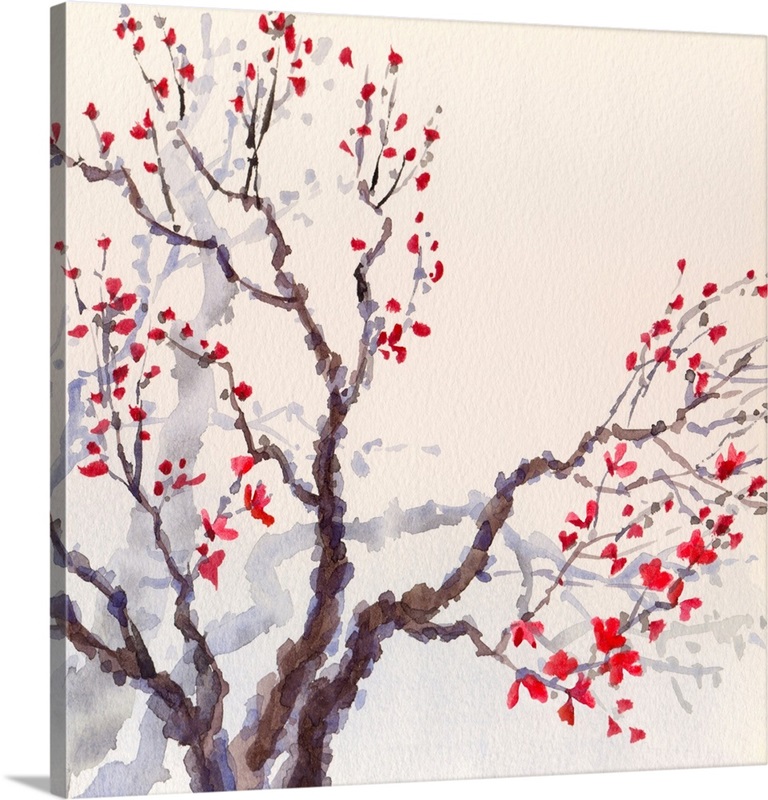 Red Flowers On The Branches Of The Old Tree | Great Big Canvas
