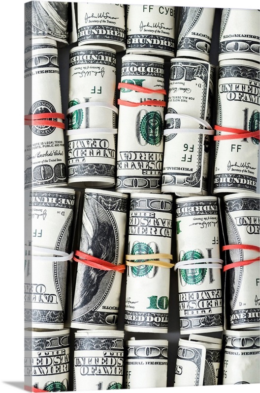 Top View Of Cash Rolls With Colorful Rubber Bands | Great Big Canvas