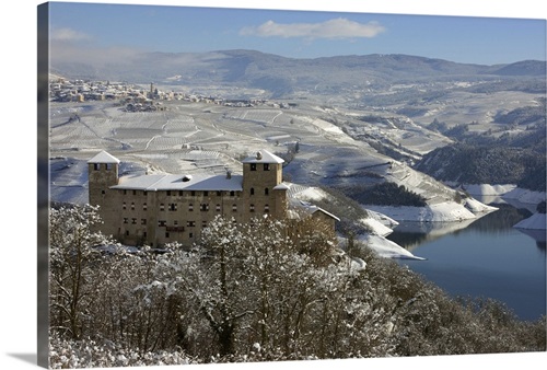 Italy, Cles castle and Santa Giustina lake, Revo village in the ...