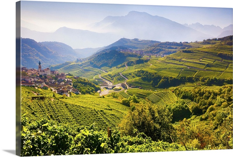 Italy, Trentino, Val di Cembra, Giovo, village of Giovo and vineyards ...