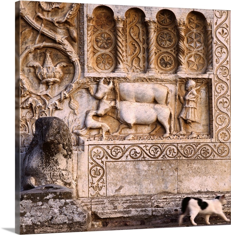 Italy, Umbria, Spoleto, Church of San Pietro, facade low reliefs ...
